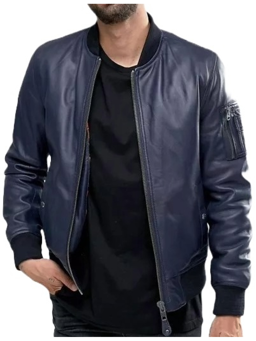 Sleeve Pocket Detail Navy Blue Leather Bomber Jacket